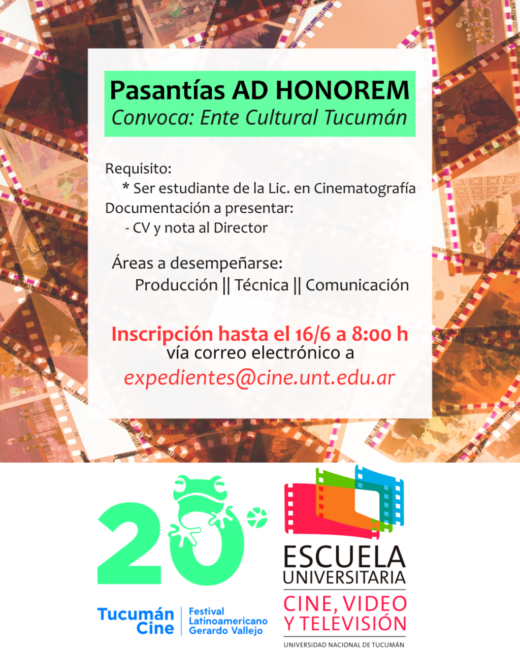 Convocatoria Pasantía Estudiantil AD HONOREM – Escuela Universitaria de Cine, Video y TV